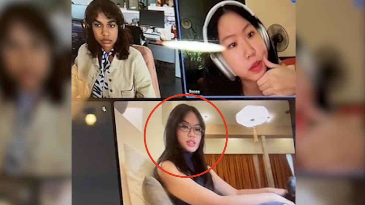 Una joven se conecta a una reunión de trabajo desde un centro de belleza y no se corta ni un ...