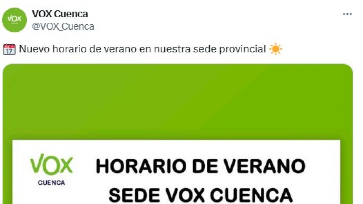 Vox Cuenca publica el nuevo horario de verano de su sede: ni Yolanda Díaz se atrevió a tanto